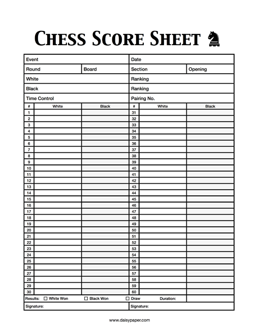 Chess Score Sheet Daisy Paper